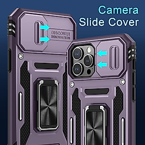 DEERLAMN Case for iPhone 13 Pro Max with Slide Camera Cover+Screen Protector(1 Pack),Rotated Ring Kickstand Military Grade Shockproof Protective Cover 6.7 Inch-Deep Purple
