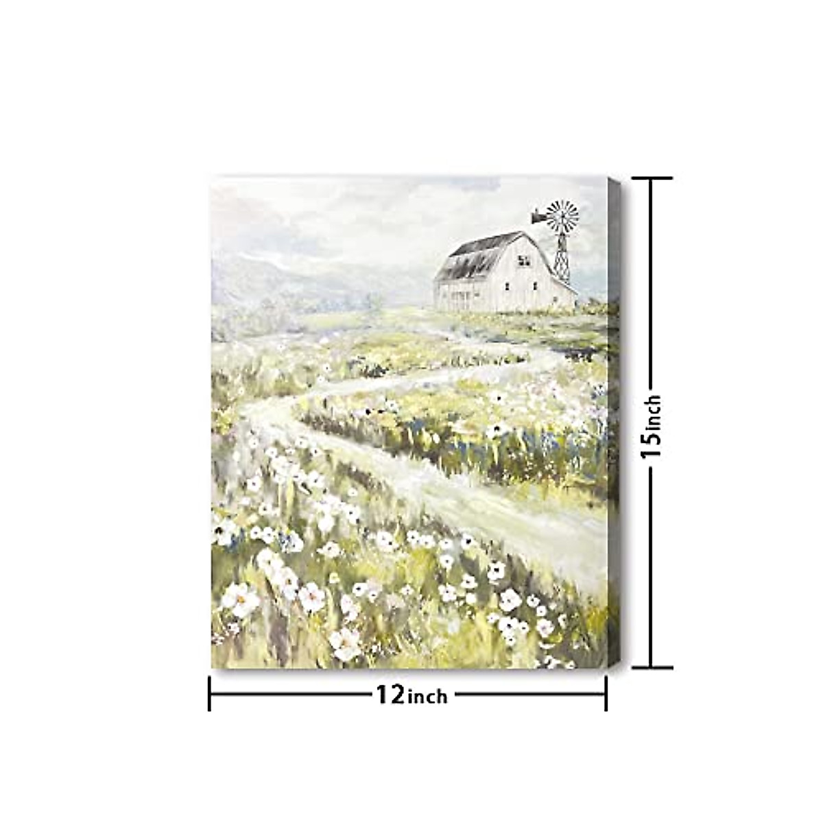 Hi.I.U.88 Rustic Wall Decor Old White Barn Canvas Art Painting with Windmill Bathroom Deco Pictures for Farmhouse Bedroom Framed Ready to Hang (Green, 12X15In), 12X15In
