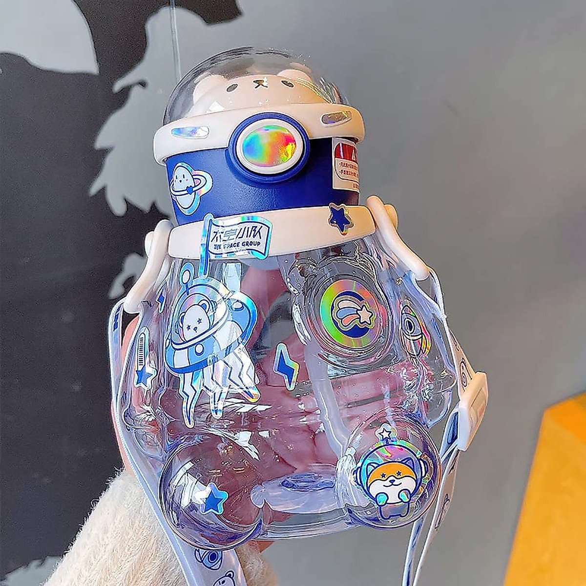 HACODAN Kawaii Straw Bottle with Strap Cute Cartoon Water Bottles with Stickers for Women Juice Coffee 23oz 700ML (Blue)