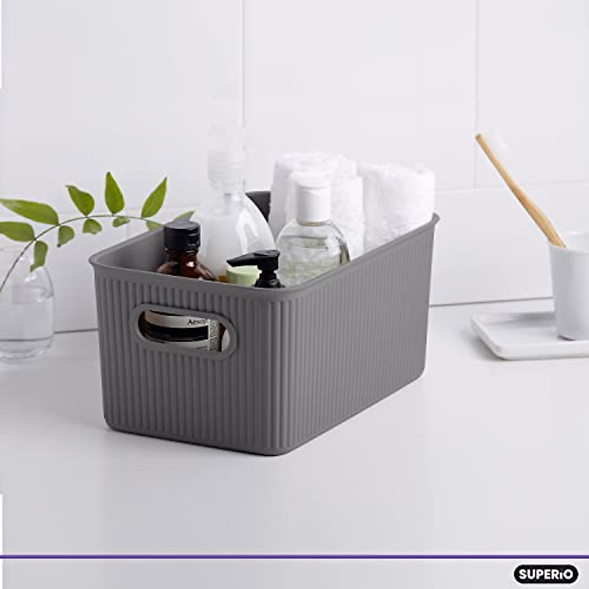 Superio Decorative Plastic Lidded Home Storage Bins Organizer Baskets, Medium Grey (1 Pack - 5 Liter) Stackable Container Box, for Organizing Closet Shelves Drawer Shelf - Ribbed Collection