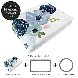 Sweet Jojo Designs Watercolor Floral Girl Milestone Blanket Monthly Newborn First Year Growth Mat Baby Shower Memory Keepsake Gift Picture - Navy Blue and Blush Pink Boho Shabby Chic Rose Flower