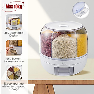 KONKENIE 6 Grids Rotatable Grain Storage Tank with Lid 10kg Rice Cereal Bean Flour Plastic Container 360° Rotating Round Dry Food Dispenser for Home Kitchen Pantry Store White&Clear (9.5x10.6x10.6in)