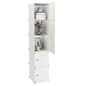 Aeitc Cube Organizer 5-Cube (11.8inx11.8in) Narrow Cabinet Closet Storage Shelves Plastic Storage Shelving for Bedroom, Living Room, Office, White with Doors
