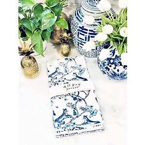 All Day Soirée Chinoiserie Designer Kitchen Tea Towels 3 Pack 100% Absorbent Cotton Tiger Monkey Floral Hand Towel Large Dish Cloth Set Blue White
