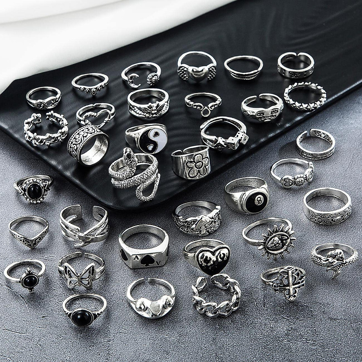 35 Pcs Vintage Silver Knuckle Rings Set for Women Men, Grunge Gothic Rings Chunky Aesthetic Snake Stackable Ring Adjustable Y2K Punk Bulky Boho Finger Alt Fairy Skull Frog Heart Star Flower Midi Ring Pack