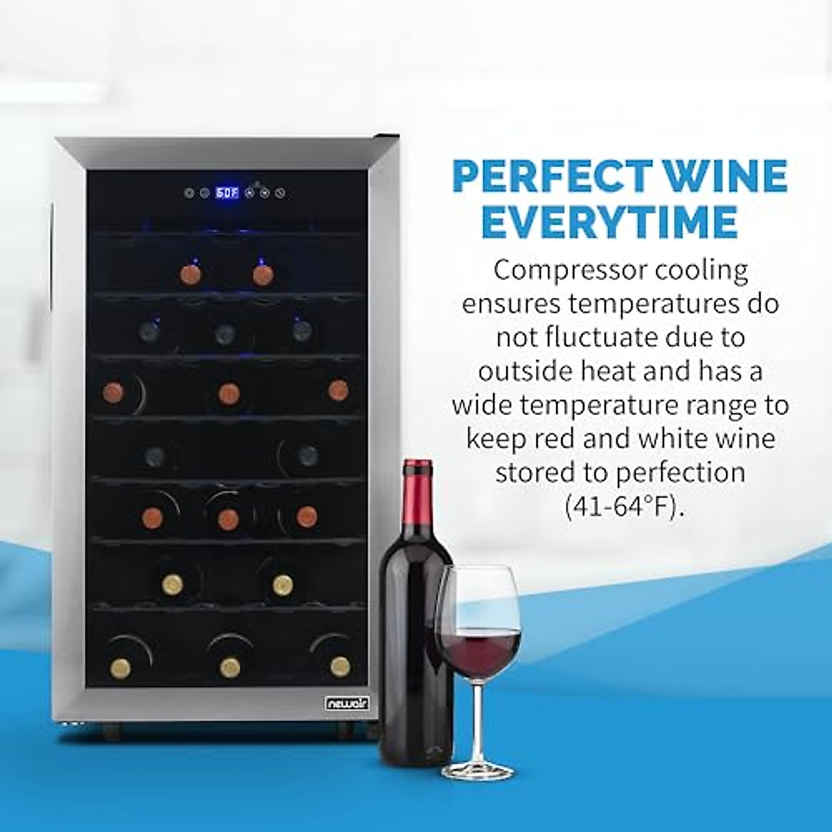NewAir 20” Wine Refrigerator – 50 Bottle Wine Cooler, Single Zone Freestanding Wine Fridge in Stainless Steel, Wine Chiller with Adjustable Racks and Exterior Digital Thermostat for Kitchen and Bar