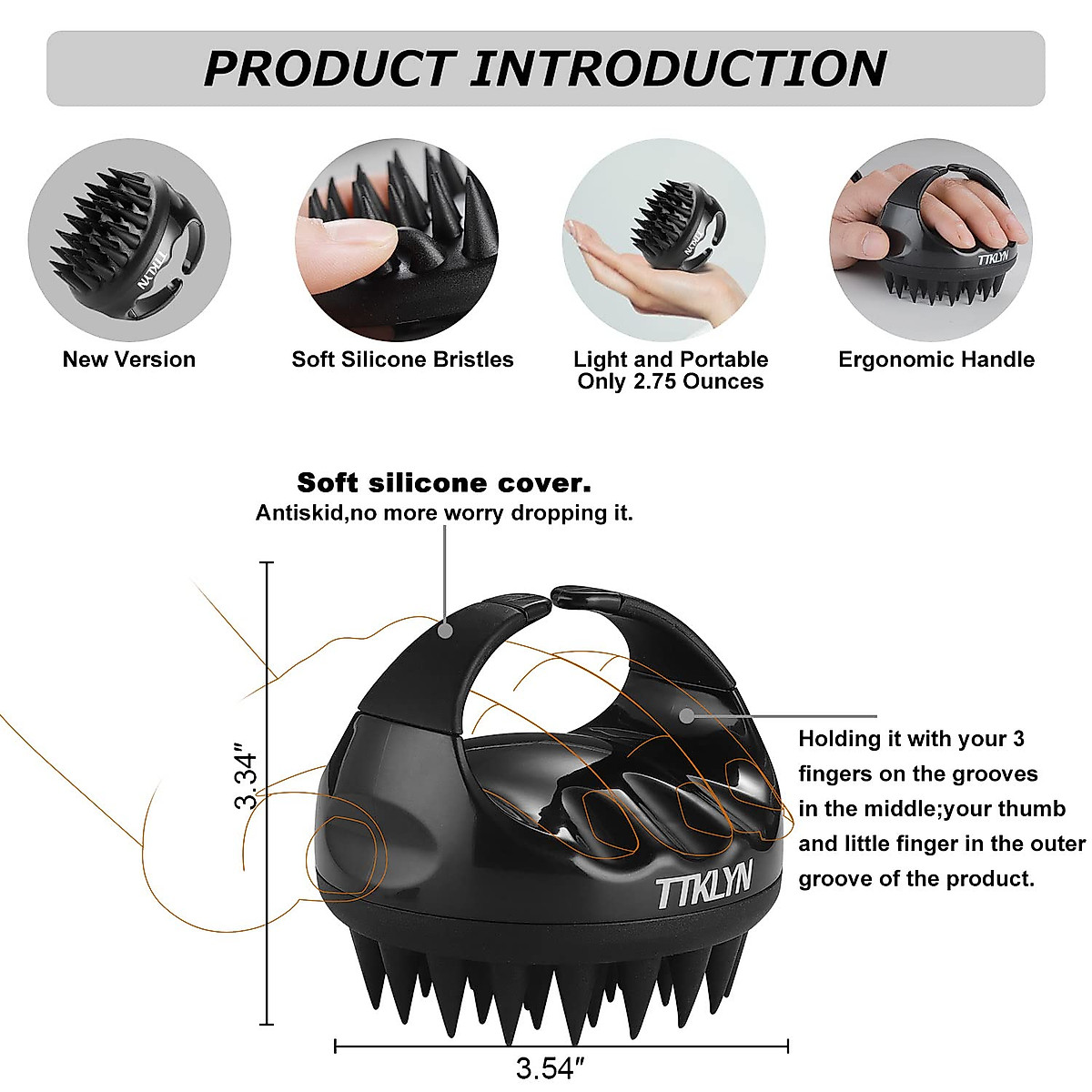 TTKLYN Hair Shampoo Brush, Scalp Care Hair Brush with Soft Silicone Scalp Massager, Black