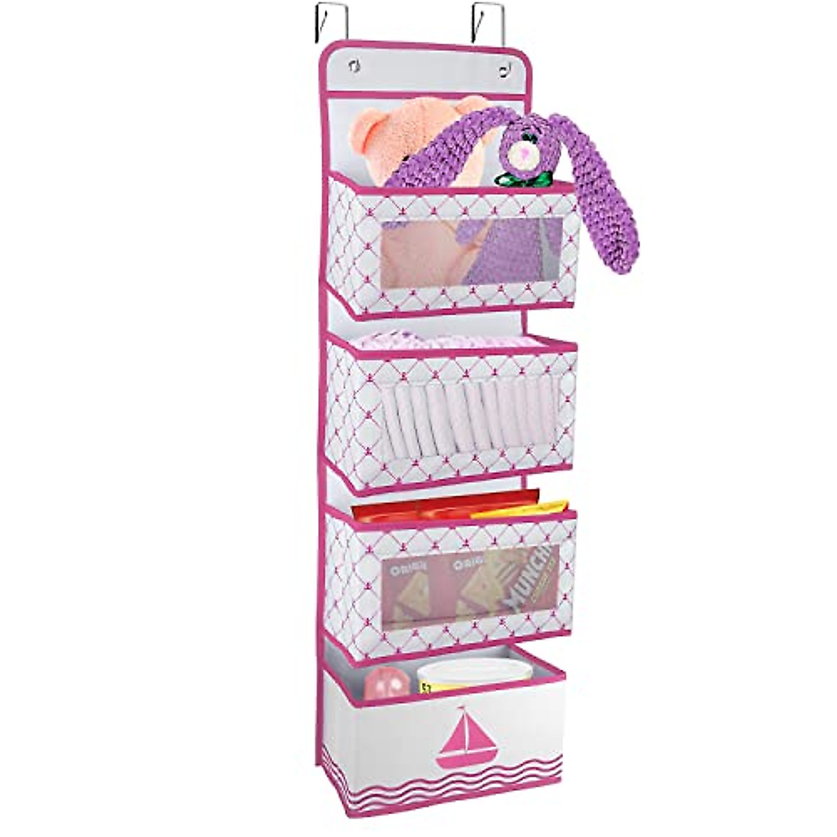 Boczif Over Door Hanging Organizer, Wall Mount Storage with 4 Large Pocket and Mesh Clear Window, Closet Door Organizer for Children's Rooms,Nursery, Bedroom, Kids Toys, Shoes, Diapers(1-Pink)