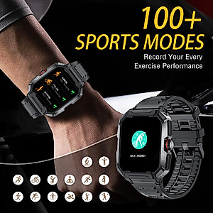 Rugged Smart Watch (Answer/Make Calls)Waterproof Smartwatches for Men Outdoor 1.85" Sports Fitness Tracker For Men with Heart Rate, Sleep Monitor with 100+ Sports Moeds for Android and iOS,47 Black