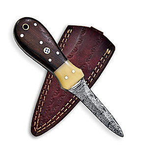 Oyster Shucker Knife Oyster Knife Damascus Steel Camel Bone & Walnut Handle Leather Sheath Seafood Opener Kit Tool Non Slip Handle (Walnut Handle)