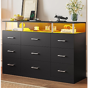 VIAGDO 9 Drawer Dresser with Charging Station, LED Chest of Drawers with Column Design and Open Storage Space, Large Capacity Modern Black Dresser, Wide Drawer Organizer Cabinet for Bedroom, Closet