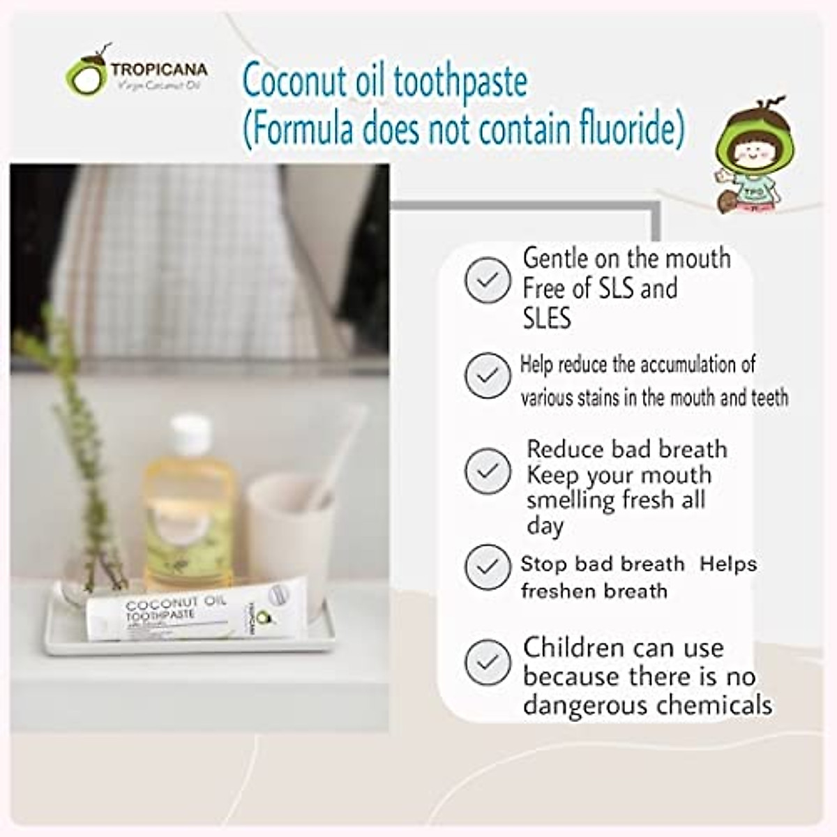 Tropicana Extra Virgin Coconut Oil Toothpaste (NO FLUORIDE) for good oral health, teeth and gums. no bad breath fresh breath (Natural organic product with a light, soothing scent) 100g.