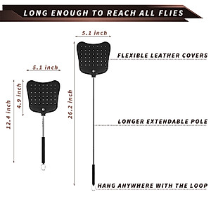 Foxany Leather Fly Swatter, Telescopic Fly Swatters Heavy Duty Set, Flexible Manual Flyswatters Pack, Extendable Swatter with Long Metal Handle for Indoor Outdoor, 2 Pack