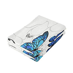 Oreayn Blue and White Butterfly Hand Towel for Bathroom Kitchen Beach Polyester Cotton Set of 2 Morpho Butterflies Fingertip Towel Soft Absorbent 28.3 x 14.4 Inch