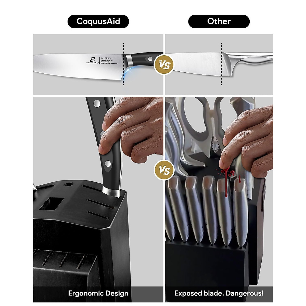 Knife Set, 15 PCS Kitchen Knife Block Sets with Sharpener, 6 Steak Knife Set Serrated with Block, Forged German Stainless Steel Rust Proof Knives, Dishwasher Safe Black, New Beveled Design