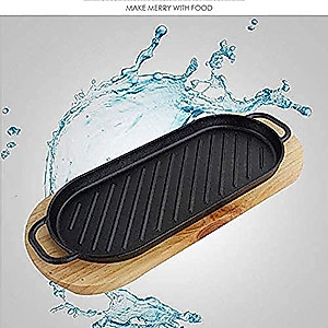 Mavoorick Cast Iron Steak Platter,Skillet Serving Plate with Handle, Kitchen Asian Style Cast Iron Serving Dish with Wooden Serving Board,Grilled Steak Grilled Meat Iron Plate-S