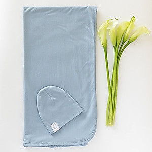 Ely's & Co. Cotton Knit Jersey Swaddle Blanket and 2 Beanie Baby Hats Gift Set, Large Receiving Blanket (Dusty Blue)