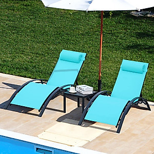 AthLike 3 pcs Poolchairs Patio Chaise Lounge Set with Headrest, 5-Level Adjustable Sunbathing Tanning Poolside Recliner Chairs with Side Table for Outdoor Beach (Blue, 2 Chairs and 1 Table)