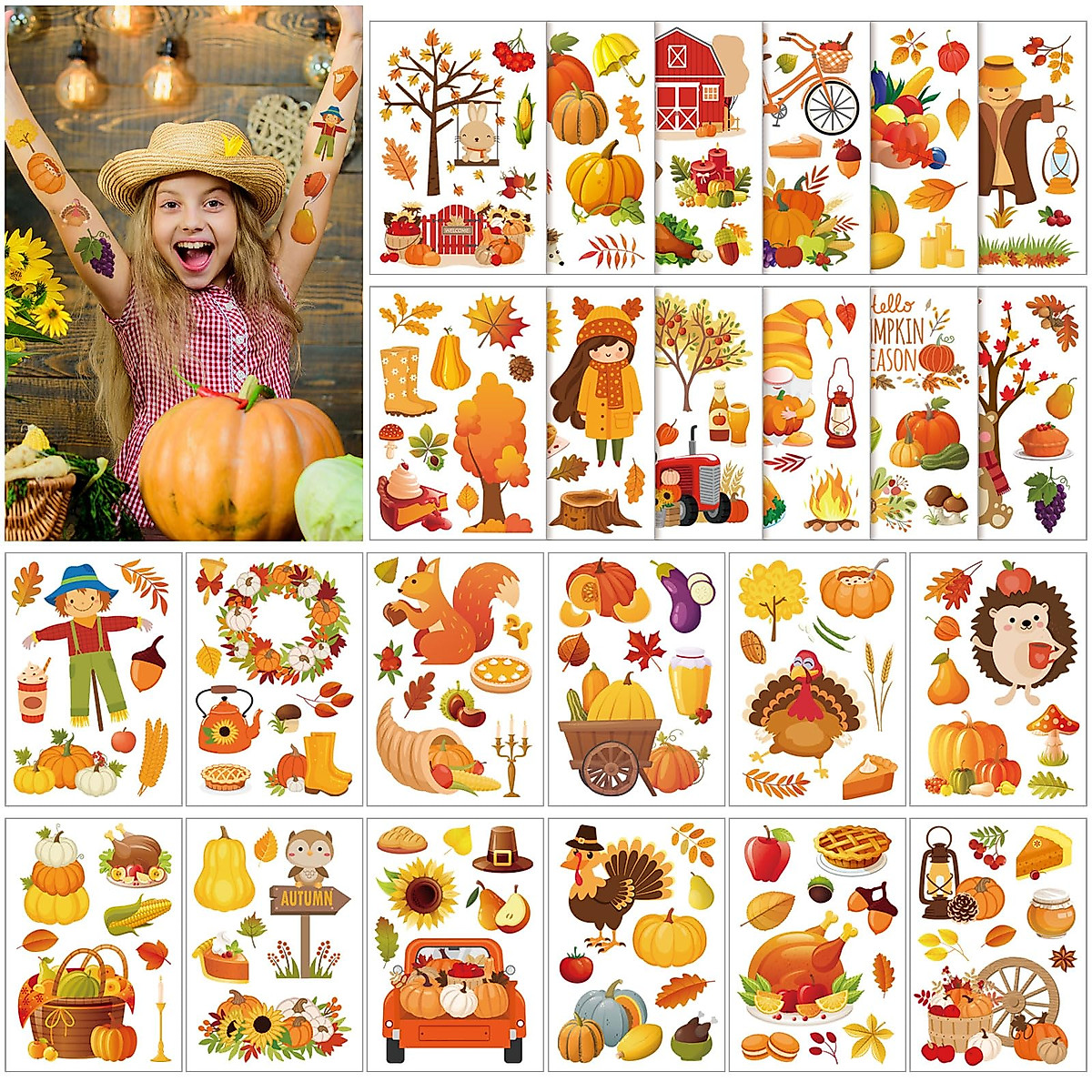 Lincia 120 Sheets Fall Thanksgiving Temporary Tattoos for Kids 24 Styles Kids Autumn Temporary Tattoos Stickers Turkey Pumpkin Leaves Harvest Face Carnival Tattoos for Children Theme Party Supplies