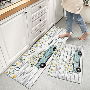 Kitchen Rugs and Mats Sets of 2 Truck Daisy Flower Non-Slip Rubber Backing Area Rugs Washable Runner Carpets for Floor, Kitchen Wild Floral Fresh Design Farmhouse Plank 15.7x23.6+15.7x47.2inch