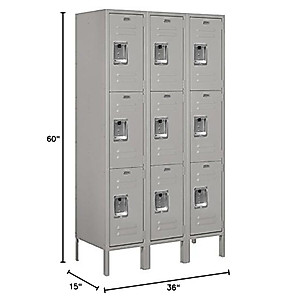 Standard Metal Locker Triple Tier 3 Feet Wide 5 Feet High 15 Inches Deep Unassembled, Gray