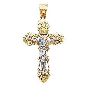 Wellingsale 14K Two 2 Tone White and Yellow Gold Polished Religious Catholic Gothic Crucifix Charm Pendant