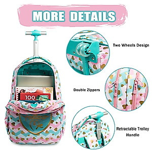 Oruiji Rolling Backpack for Girls Backpack with Wheels for Elementary Primary School Student Rolling Backpack with Lunch Bag Set