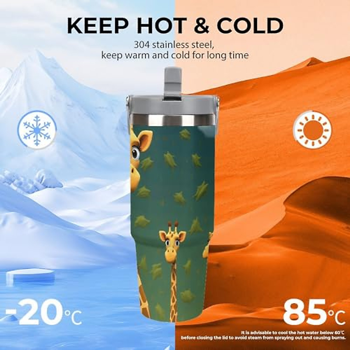 30oz Stainless Steel Insulated Tumbler with Flip Lid & Straw, Leakproof Travel Mug for Car, Cartoon Giraffe Double Wall Vacuum Thermal Coffee Cup with Handle, Spill-Proof Design for Hot/Cold Drinks
