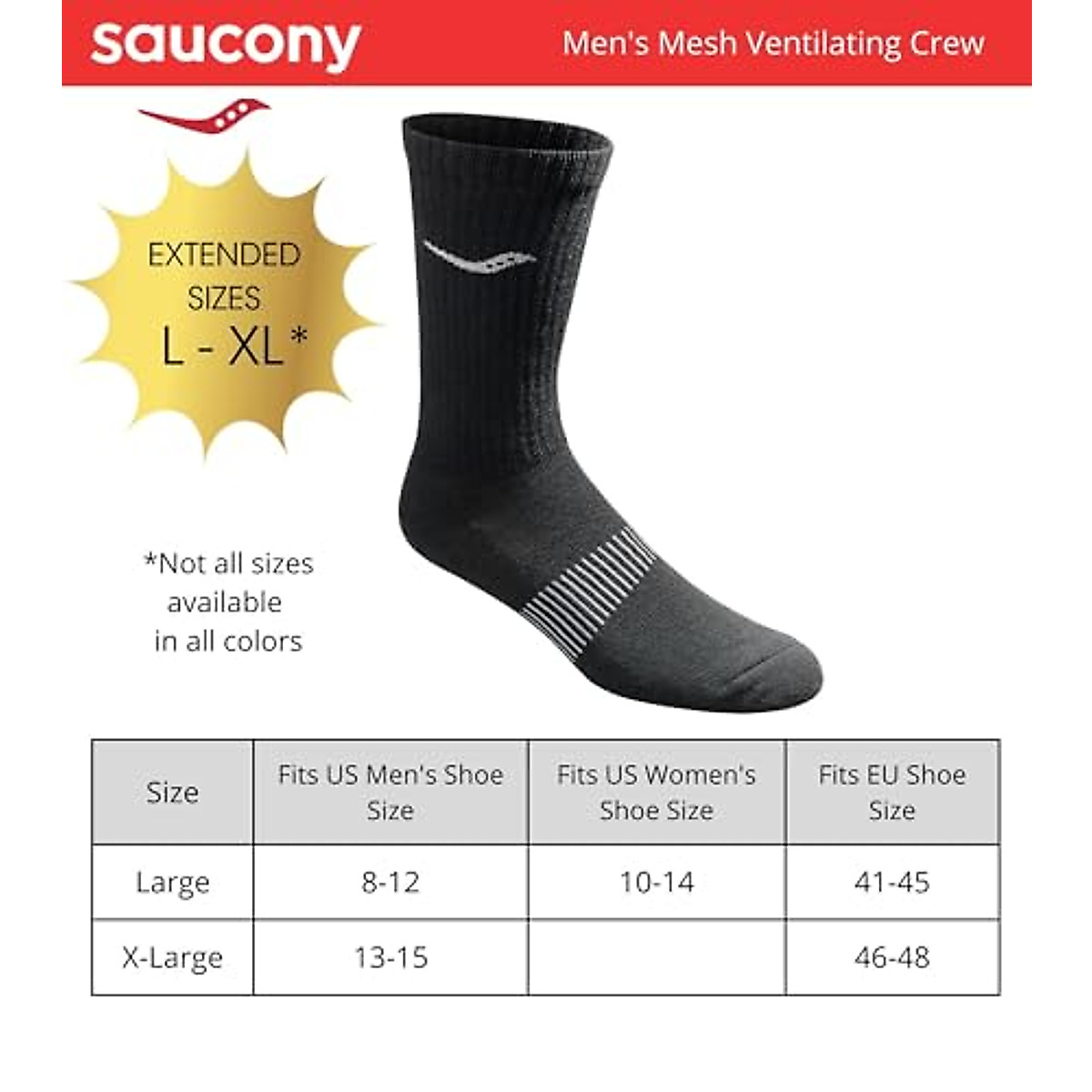 Saucony Men's Mesh Ventilating Comfort Fit Performance Crew Socks, 3, L-XL, Black (12 Pairs), Black Assorted (6 Pairs)