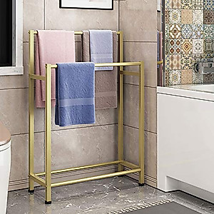 Free Standing Towel Holder Gold Towel Rack for Bathrooms with 2 Towel Rails Metal Floor Clothes Stand with Rust-Resistant Finish to Hang Towels Clothing and More