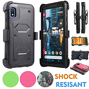 A10E Case, for Samsung Galaxy A10E Full Body Armor Rugged Holster Defender Hybrid Tough Case with 360 Swivel Belt Clip Kickstand & Built in Screen Protector (Black)