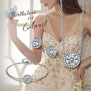 beautlace April Birthstone Necklaces/Stud Earrings/Rings/Bracelets Set Silver Plated Round Shape Jewelry Sets White Birthstone Jewelry Birthday Gifts for Men and Women KS0019W