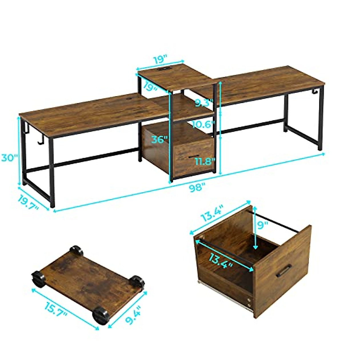 SEDETA 98" Home Office Desk, 2 Person Computer Desk with Letter/A4 File Drawer & Power Strip with USB, Long Desk with Storage, Printer Shelf & Monitor Stand for Home Office, Rustic Brown