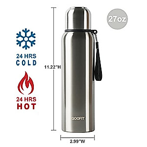 GOOFIT Insulated Thermos with Cup Outdoor Sports Stainless Steel Thermos Vacuum Sealed Coffee Bottle Travel Mug Thermos Flask BPA Free Keeps Cold 24H Hot 24H 27Oz Silver