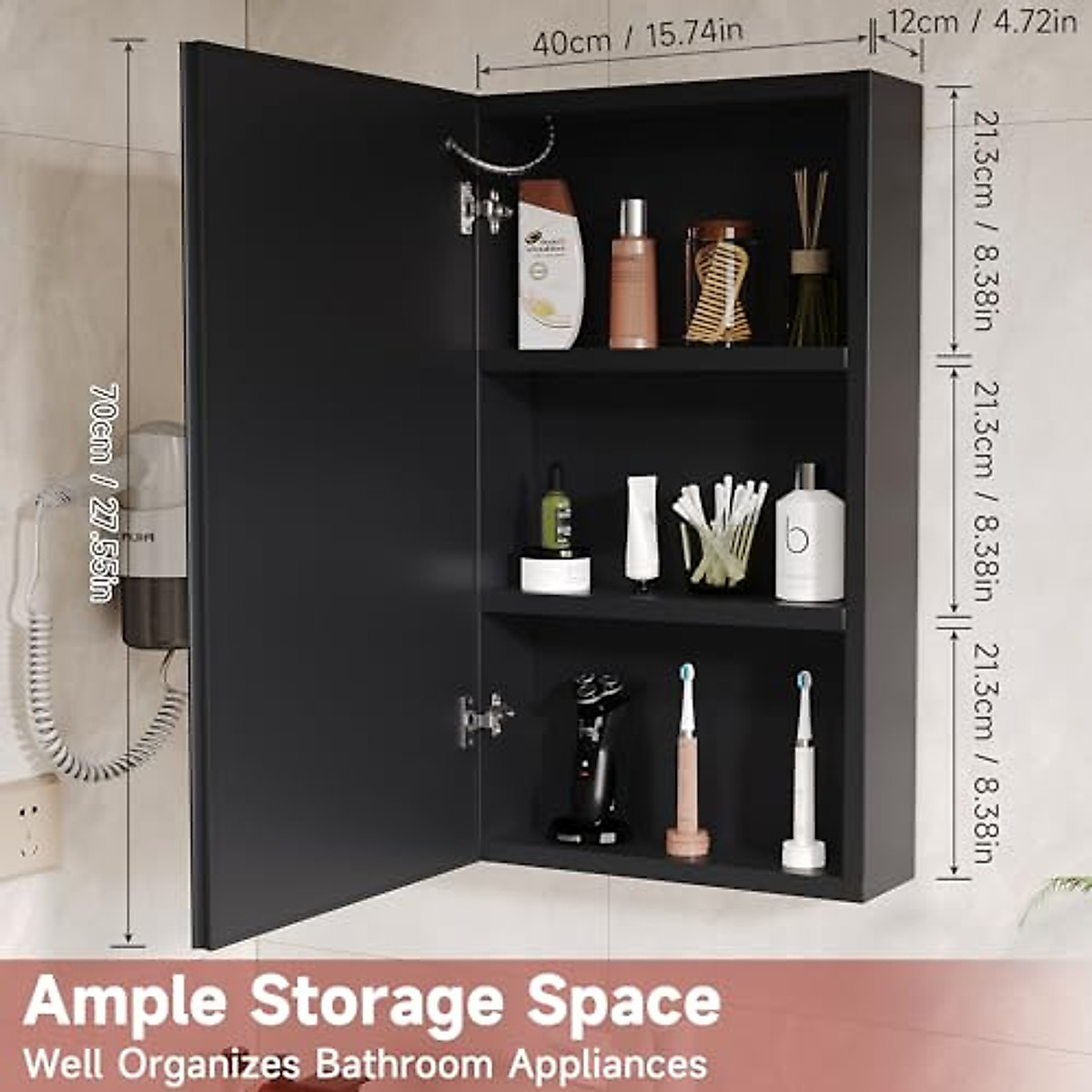 Seenvlog Bathroom Medicine Cabinet with Lights, 15.7" x 27.5" LED Mirror Cabinet, 3-Color Temp, Black Bathroom Storage Cabinet Anti-Fog, Wall Mount