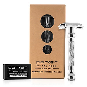 Parker 99R Chrome Long Handle Heavyweight Butterfly Open Double Edge Safety Razor for Men, 5 Parker Premium Platinum Double Edge Razor Blades Included