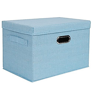 DAYARD Foldable Storage Boxes with Lids Linen Fabric Stackable Storage Bins Organizer Containers Baskets Cube with Cover for Closet Office Nursery, BLue (15 x 10 x 10)