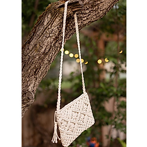 Cotton Macrame Purse Bag | Hand-Woven Knitted Crossbody Shoulder Strap Zipper | Cute Fringe Boho Coin (White)