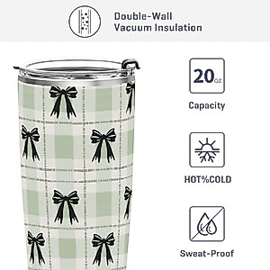 Green Plaid Black Butterfly Stainless Steel travel cups Leak-proof Lid and Straw travel coffee mug spill proof for Water, Iced Tea or Coffee safe umbler 20 OZ