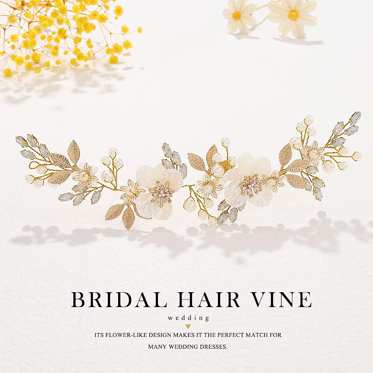 EARENT Bride Wedding Flower Hair Vine Gold Crystal Headpiece Bridal Pearl Leaf Headband Bridesmaid Hair Accessories for Women and Girls