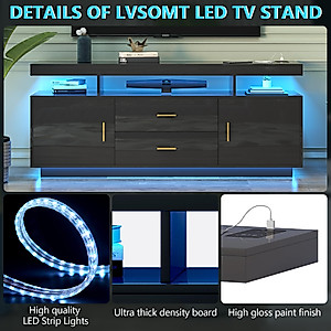 LVSOMT High Gloss Entertainment Center with 3-Colors Lighting, LED Modern TV Stand for 65+ inch TV, Home Storage Cabinet, Console Media Cabinet for Living Room (Pearl Black)