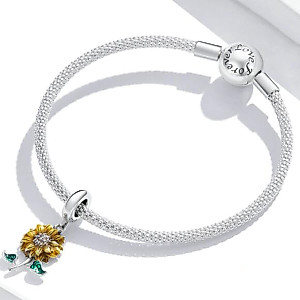 Mushroom 925 Sterling Silver Charms Red Enamel a Green Plant Flower Bellflower Cactus Charms Color Crystal Spacer Beads for Pandora Charm Bracelet (Sunflower Pendant -B2079)