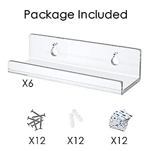 Vinyl Record Shelf Wall Mount 6 Pack, 4inch Floating Acrylic Shelves, C-d Vinyl Record Display Rack, Clear Acrylic Shelf for Vinyl Record Display, Floating Book Shelves for Kids Room