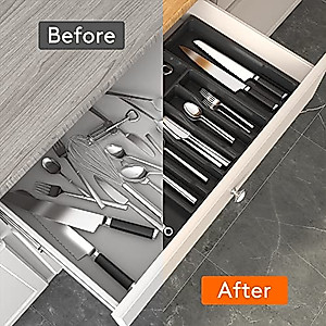Lifewit Silverware Drawer Organizer, Expandable Utensil Tray for Kitchen, Adjustable Flatware and Cutlery Holder, Compact Plastic Storage for Spoons Forks Knives, Large, Black