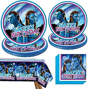 41Pcs Avatar 2 Birthday Party Tableware Cartoon Blue Theme Party Supplies Set Include 1pc Waterproof Tablecloth, 10pcs Plates 7",10pcs Plates 9" and 20pcs Napkins for Party Decorations