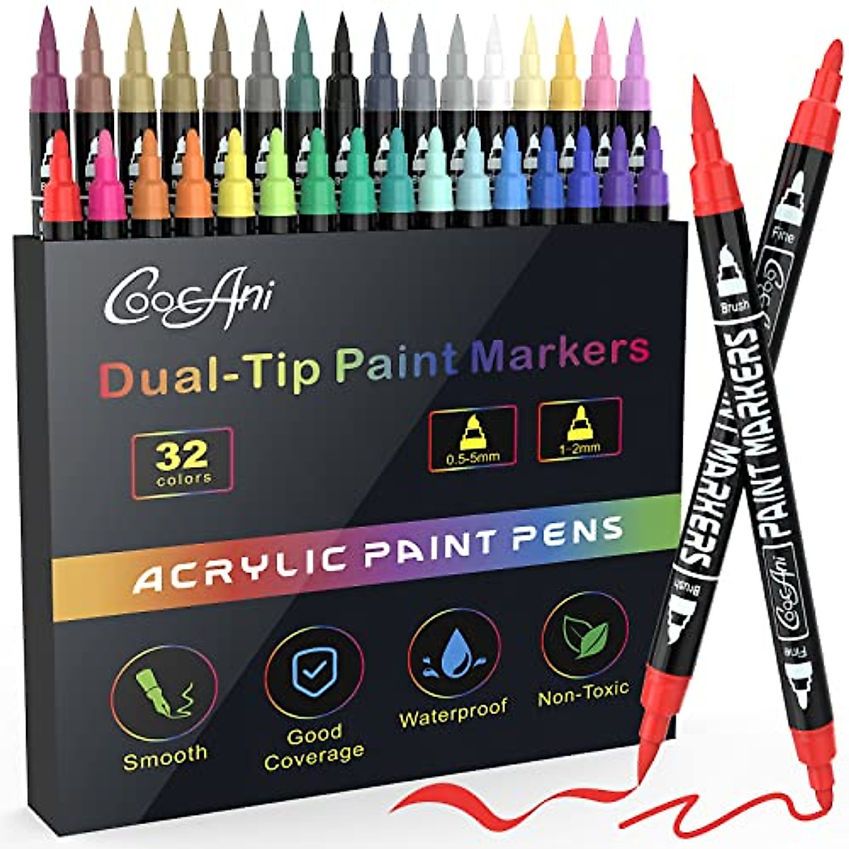 32 Colors Paint Markers, Dual Tip Acrylic Paint Pens for Wood, Canvas, Glass, Ceramic, Fabric,Rock Painting, DIY Crafts Making Art Supplies (Fine Tip and Brush Tip)