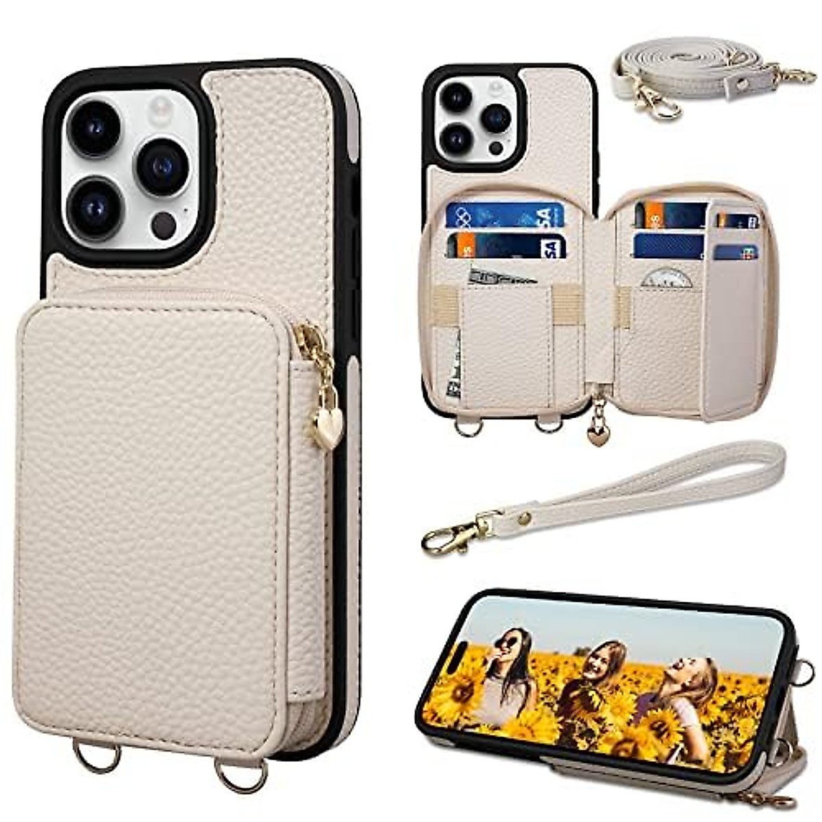Keallce Case for iPhone 14 Pro Max 6.7'' Wallet Case, Crossbody Zipper Handbag with RFID Blocking 10 Card Slot Kickstand, Detachable Shoulder & Wrist Strap Protective Cover for iPhone 14 Pro Max,Beige
