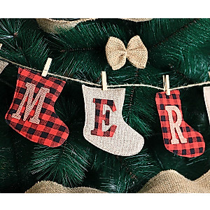 Merry Christmas Banner, Rustic Christmas Tree Ornaments Stocking Decorations, Unique Hand-Sewn Burlap Socks Shaped Christmas Tree Decorations, Stockings for Home Office Party Fireplace Decoration