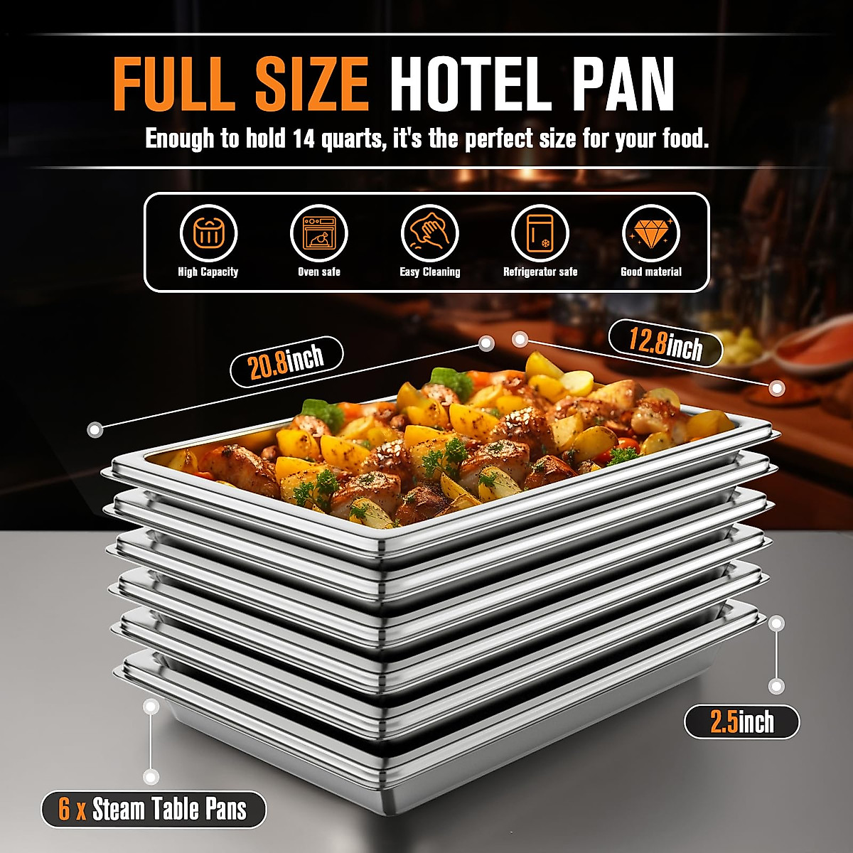 IVONNEY Hotel Pan Steam Table Pans Full Size 2.5 Inch Deep Stainless Steel Pan, Commercial Food Pans for Restaurant, Catering Supplies - Chafing Pans, Catering Pans, Buffet Pans (6 Pack, 1/1 Size)