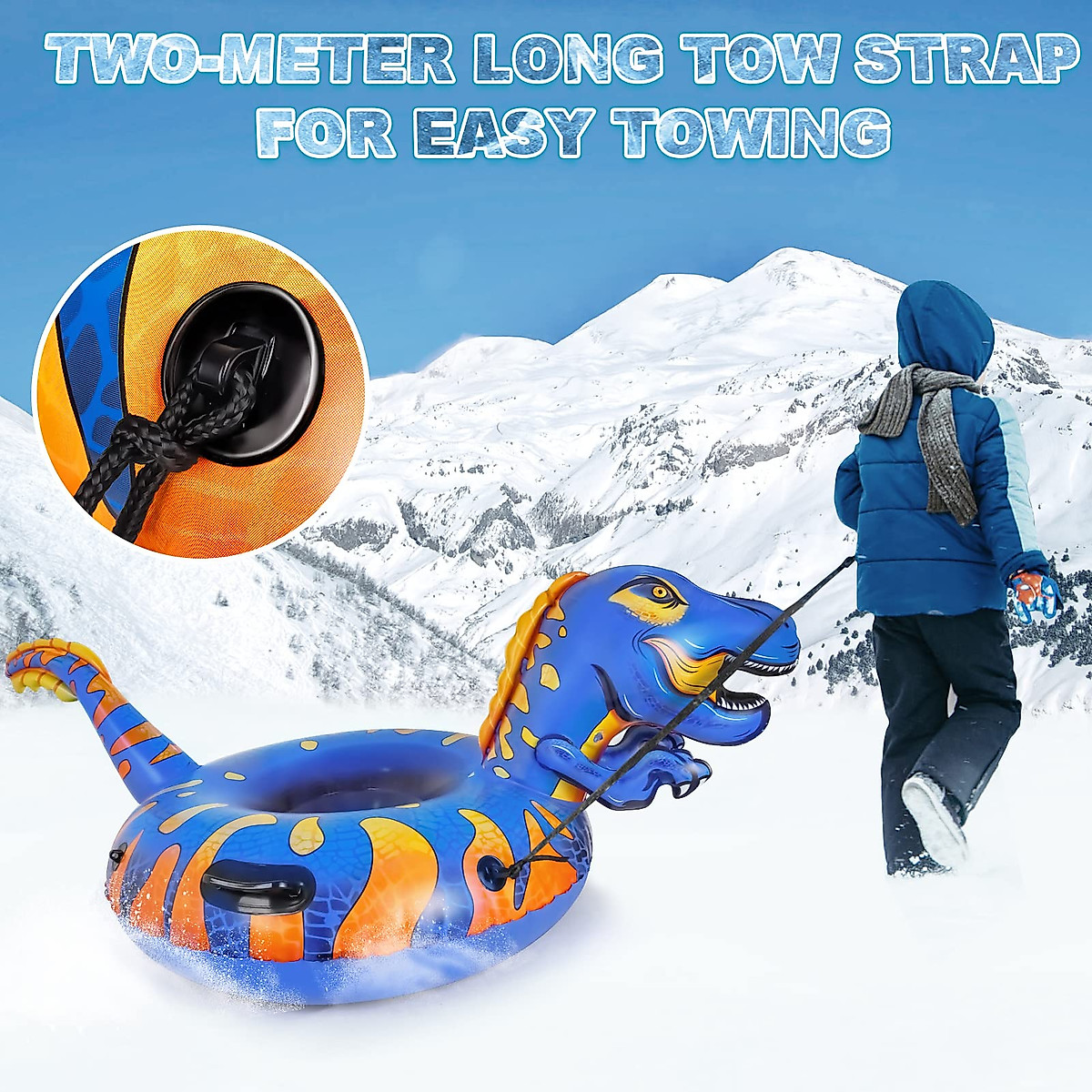 Aoskie Dinosaur Snow Tube Inflatable Snow Sled with Handles, Heavy Duty Snow Tube for Outdoor Sledding, Winter Snow Tube for Kids and Adults, Make of Double-Layers Bottom